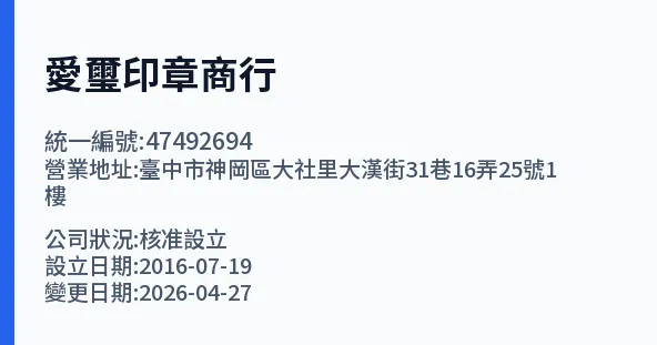 愛璽印章商行的照片-統編 47492694(臺中市) 公司登記資料與營業項目詳細圖表