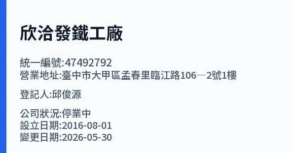 欣洽發鐵工廠的照片-統編 47492792(臺中市) 公司登記資料與營業項目詳細圖表
