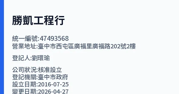 勝凱工程行的照片-統編 47493568(臺中市) 公司登記資料與營業項目詳細圖表