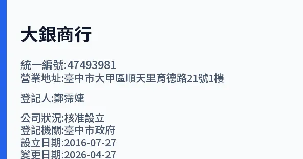 大銀商行的照片-統編 47493981(臺中市) 公司登記資料與營業項目詳細圖表