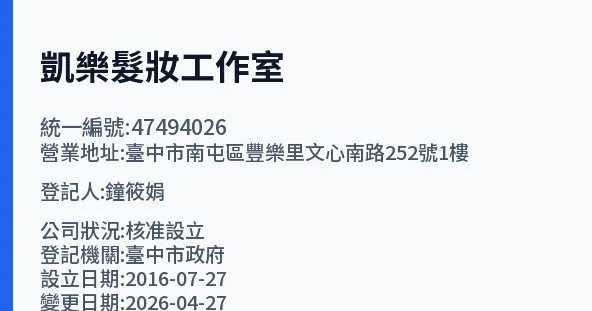 凱樂髮妝工作室的照片-統編 47494026(臺中市) 公司登記資料與營業項目詳細圖表