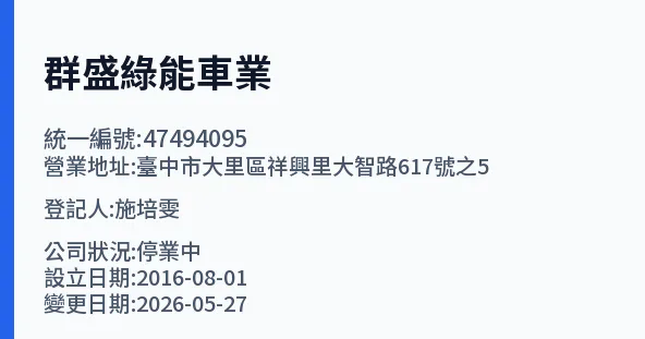 群盛綠能車業的照片-統編 47494095(臺中市) 公司登記資料與營業項目詳細圖表