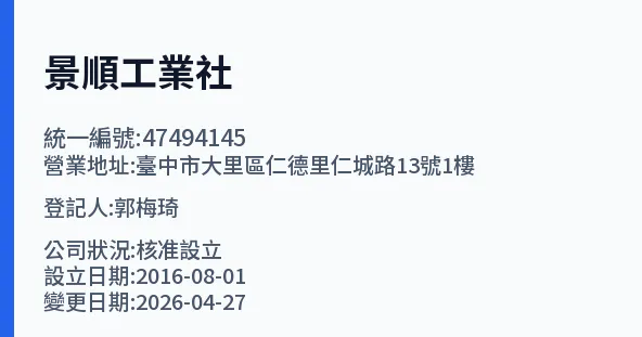 景順工業社的照片-統編 47494145(臺中市) 公司登記資料與營業項目詳細圖表