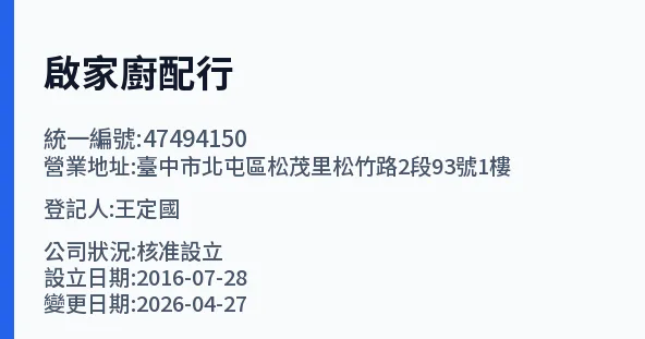 啟家廚配行的照片-統編 47494150(臺中市) 公司登記資料與營業項目詳細圖表