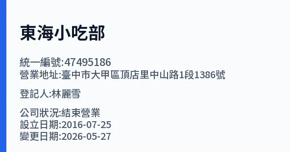 東海小吃部的照片-統編 47495186(臺中市) 公司登記資料與營業項目詳細圖表