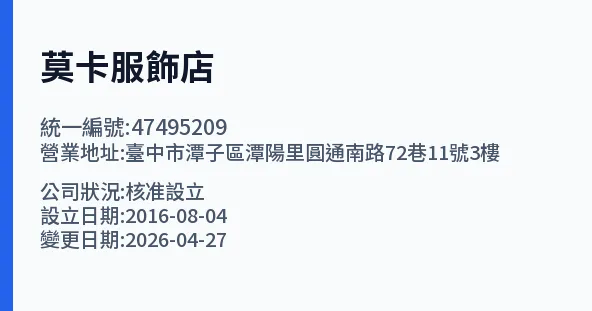 莫卡服飾店的照片-統編 47495209(臺中市) 公司登記資料與營業項目詳細圖表