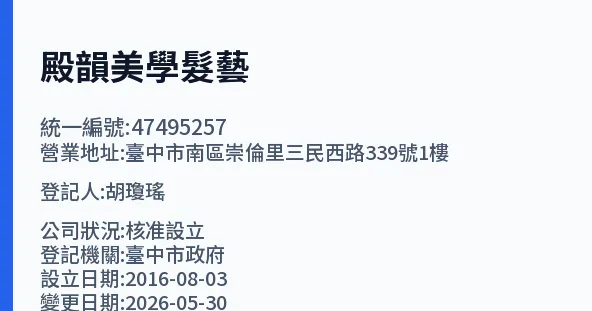 殿韻美學髮藝的照片-統編 47495257(臺中市) 公司登記資料與營業項目詳細圖表