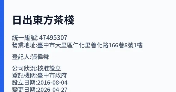 日出東方茶棧的照片-統編 47495307(臺中市) 公司登記資料與營業項目詳細圖表