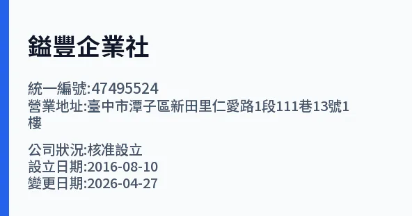 鎰豐企業社的照片-統編 47495524(臺中市) 公司登記資料與營業項目詳細圖表