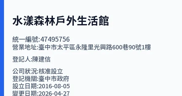 水漾森林戶外生活館的照片-統編 47495756(臺中市) 公司登記資料與營業項目詳細圖表