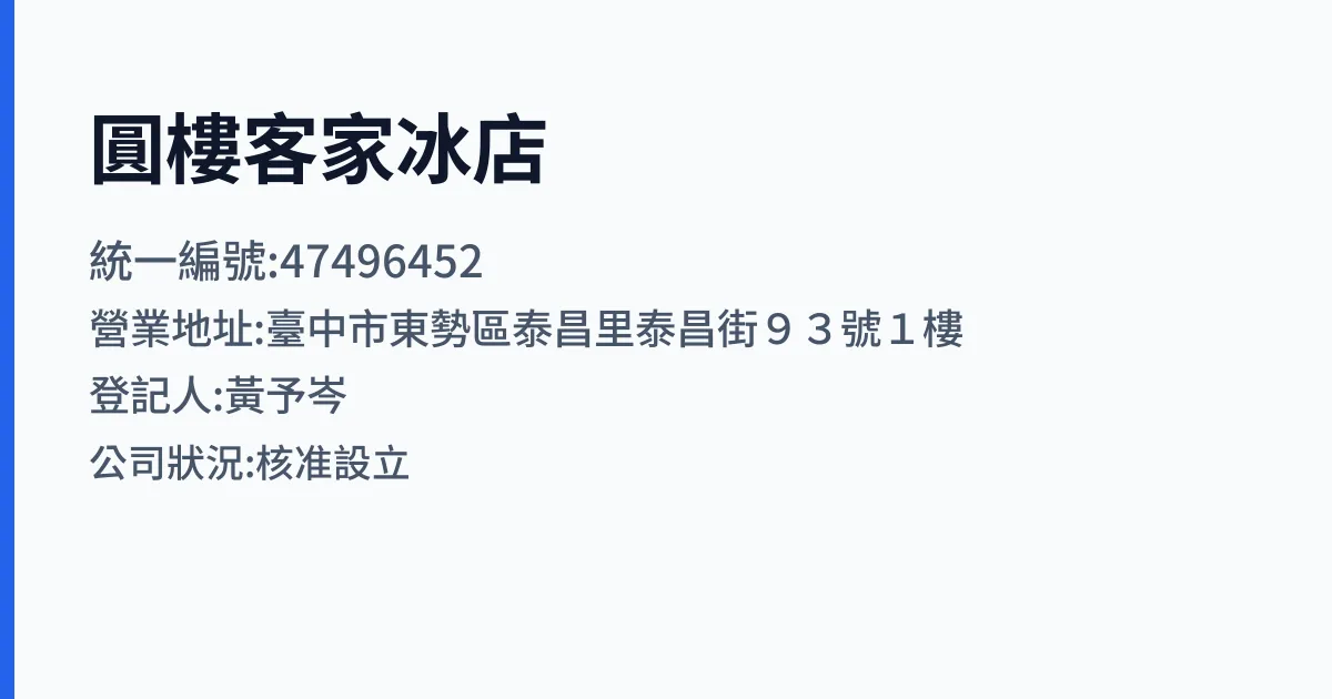 圓樓客家冰店 - 統編 47496452(臺中市) 公司登記資料與營業項目詳細圖表