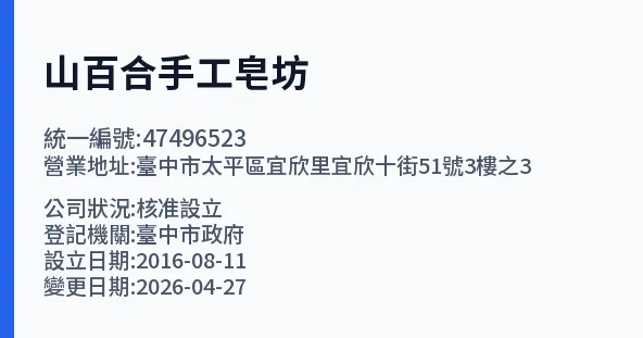 山百合手工皂坊的照片-統編 47496523(臺中市) 公司登記資料與營業項目詳細圖表