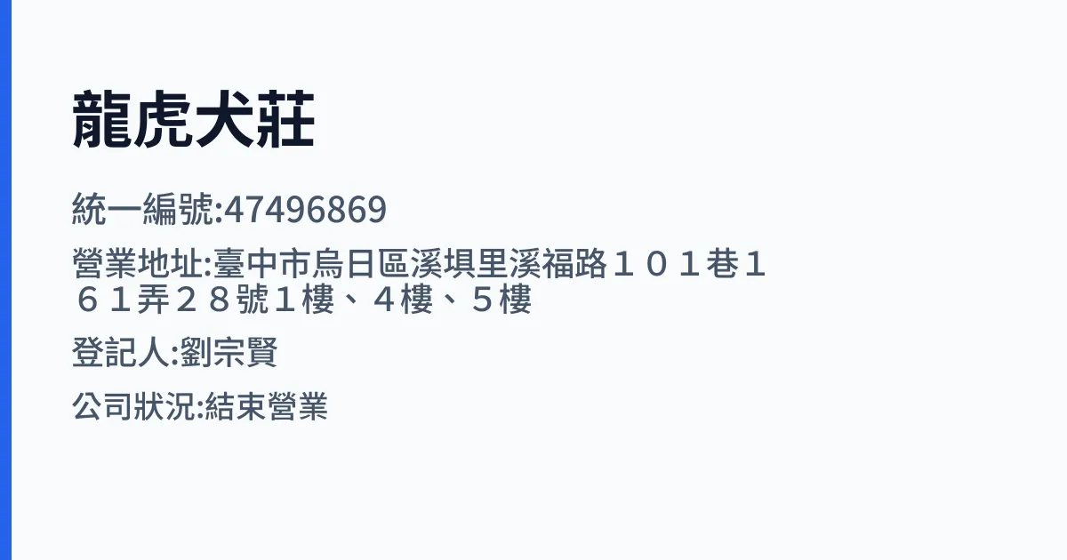 龍虎犬莊 - 統編 47496869(臺中市) 公司登記資料與營業項目詳細圖表