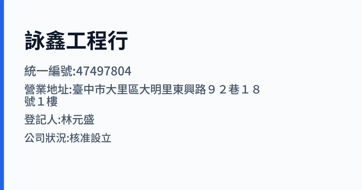 詠鑫工程行 - 統編 47497804(臺中市) 公司登記資料與營業項目詳細圖表