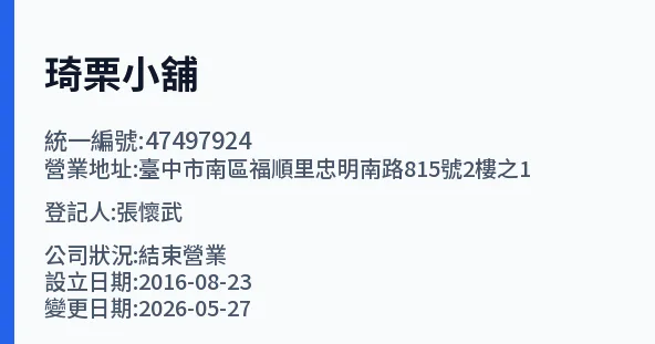 琦栗小舖的照片-統編 47497924(臺中市) 公司登記資料與營業項目詳細圖表