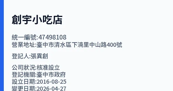 創宇小吃店的照片-統編 47498108(臺中市) 公司登記資料與營業項目詳細圖表