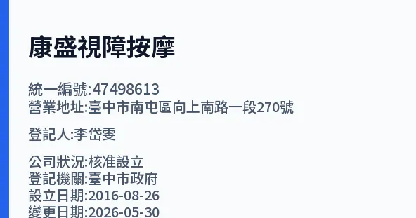 康盛視障按摩的照片-統編 47498613(臺中市) 公司登記資料與營業項目詳細圖表