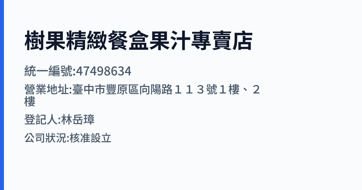 樹果精緻餐盒果汁專賣店 - 統編 47498634(臺中市) 公司登記資料與營業項目詳細圖表