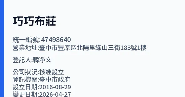 巧巧布莊的照片-統編 47498640(臺中市) 公司登記資料與營業項目詳細圖表