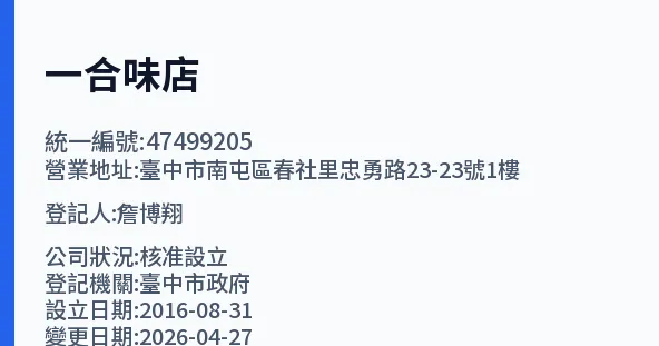 一合味店的照片-統編 47499205(臺中市) 公司登記資料與營業項目詳細圖表