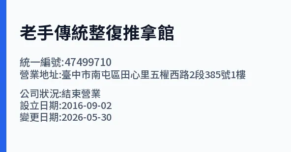 老手傳統整復推拿館的照片-統編 47499710(臺中市) 公司登記資料與營業項目詳細圖表