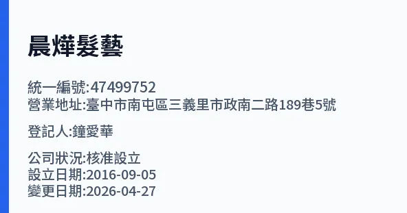 晨燁髮藝的照片-統編 47499752(臺中市) 公司登記資料與營業項目詳細圖表