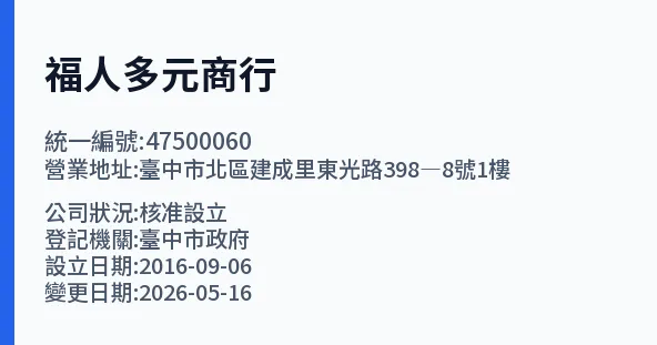 福人多元商行的照片-統編 47500060(臺中市) 公司登記資料與營業項目詳細圖表