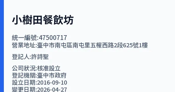 小樹田餐飲坊的照片-統編 47500717(臺中市) 公司登記資料與營業項目詳細圖表