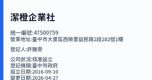 潔橙企業社的照片-統編 47500759(臺中市) 公司登記資料與營業項目詳細圖表