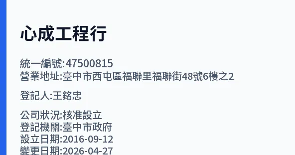 心成工程行的照片-統編 47500815(臺中市) 公司登記資料與營業項目詳細圖表