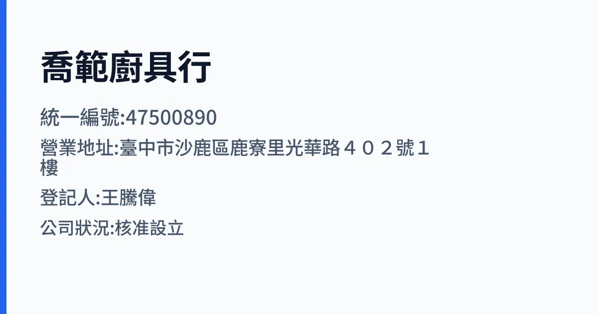 喬範廚具行 - 統編 47500890(臺中市) 公司登記資料與營業項目詳細圖表