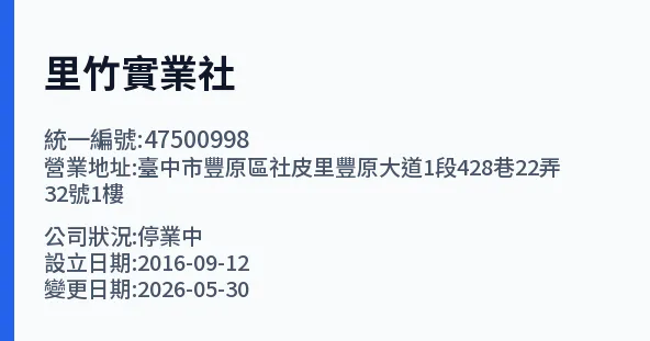 里竹實業社的照片-統編 47500998(臺中市) 公司登記資料與營業項目詳細圖表