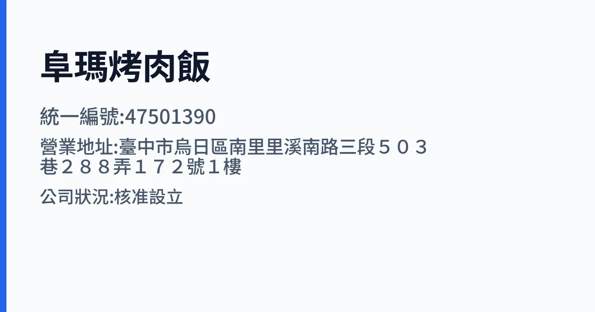 阜瑪烤肉飯 - 統編 47501390(臺中市) 公司登記資料與營業項目詳細圖表