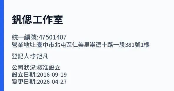 釩偲工作室的照片-統編 47501407(臺中市) 公司登記資料與營業項目詳細圖表