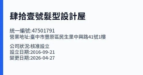 肆拾壹號髮型設計屋的照片-統編 47501791(臺中市) 公司登記資料與營業項目詳細圖表