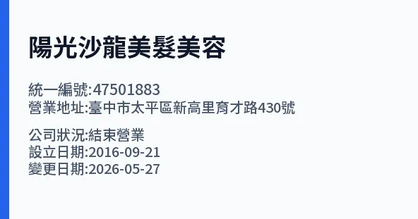 陽光沙龍美髮美容的照片-統編 47501883(臺中市) 公司登記資料與營業項目詳細圖表