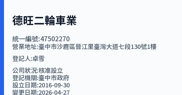 德旺二輪車業的照片-統編 47502270(臺中市) 公司登記資料與營業項目詳細圖表