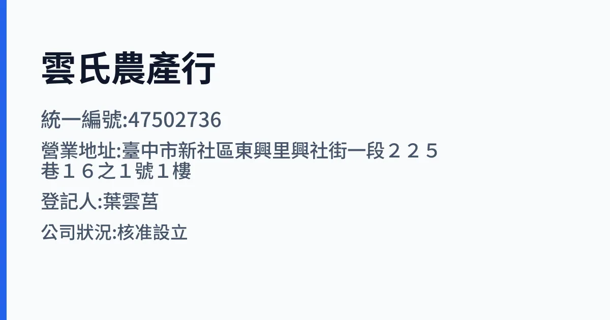 雲氏農產行 - 統編 47502736(臺中市) 公司登記資料與營業項目詳細圖表