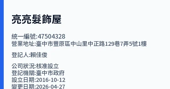 亮亮髮飾屋的照片-統編 47504328(臺中市) 公司登記資料與營業項目詳細圖表