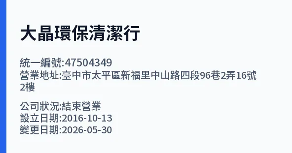大晶環保清潔行的照片-統編 47504349(臺中市) 公司登記資料與營業項目詳細圖表