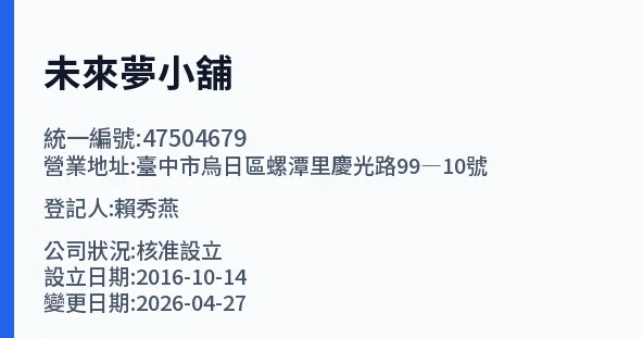 未來夢小舖的照片-統編 47504679(臺中市) 公司登記資料與營業項目詳細圖表