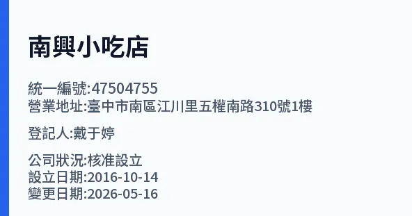 南興小吃店的照片-統編 47504755(臺中市) 公司登記資料與營業項目詳細圖表
