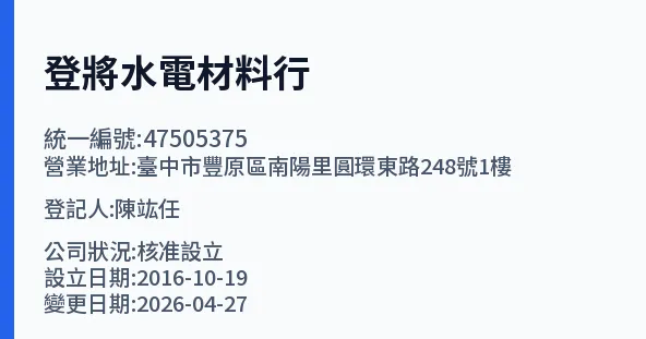 登將水電材料行的照片-統編 47505375(臺中市) 公司登記資料與營業項目詳細圖表