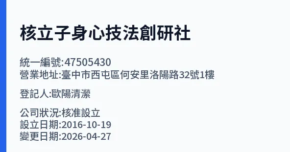 核立子身心技法創研社的照片-統編 47505430(臺中市) 公司登記資料與營業項目詳細圖表