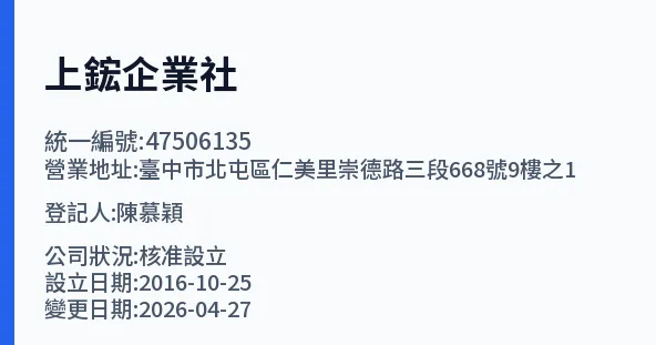 上鋐企業社的照片-統編 47506135(臺中市) 公司登記資料與營業項目詳細圖表