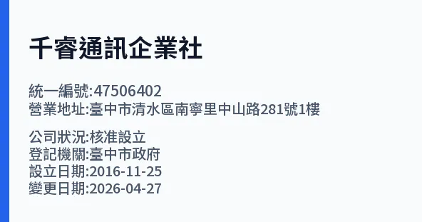 千睿通訊企業社的照片-統編 47506402(臺中市) 公司登記資料與營業項目詳細圖表