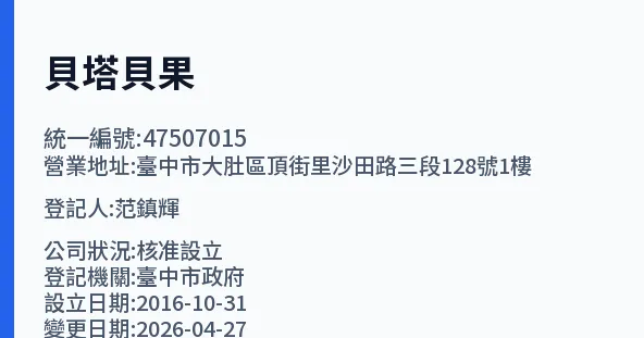 貝塔貝果的照片-統編 47507015(臺中市) 公司登記資料與營業項目詳細圖表