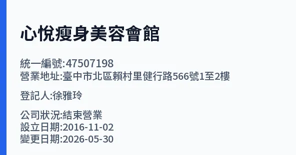 心悅瘦身美容會館的照片-統編 47507198(臺中市) 公司登記資料與營業項目詳細圖表
