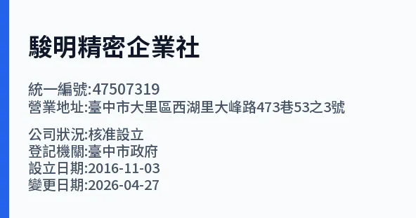 駿明精密企業社的照片-統編 47507319(臺中市) 公司登記資料與營業項目詳細圖表