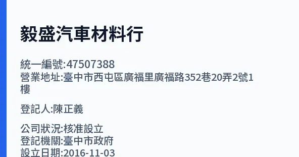 毅盛汽車材料行的照片-統編 47507388(臺中市) 公司登記資料與營業項目詳細圖表